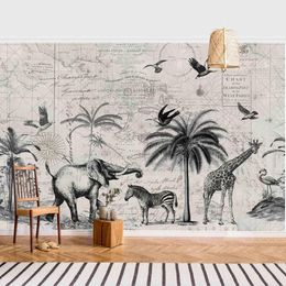 Bilderwelten Fototapete Vintage Collage - Exotische Landkarte Vintage,Shabby,Karten,Tiere Elefant,Zebra,Giraffen,Landschaft Palme,Indien Wohnzimmer,Jugendzimmer