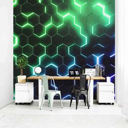 Bilderwelten Fototapete Strukturierte Hexagone mit Neonlicht in Gr&uuml;n und Blau - Jugendzimmer - Strukturierte Hexagone mit Neonlicht Gamer Room Tapete Neon Schwarz
