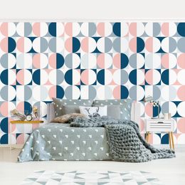 Bilderwelten Fototapete Vliestapete Illustration Wandtapete blau - Halbkeis Muster in Blau mit Rosa - Geometrisch Wohnzimmer Schlafzimmer