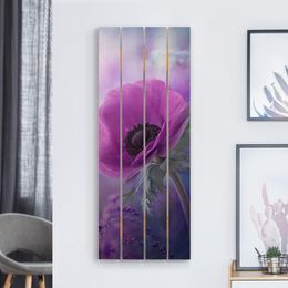 Bilderwelten Holzbild Blumen violett Motiv nat&uuml;rlicher Effekt - Anemonenbl&uuml;te in Violett - Deko Wohnzimmer Schlafzimmer