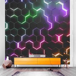 Bilderwelten Fototapete Vliestapete Neon Art 3D-Effekt bunt - Strukturierte Hexagone mit Neonlicht - Deko Jugendzimmer