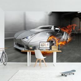 Bilderwelten Fototapete Fahrzeuge Digital Art 3D-Effekt bunt - Supercar in Flammen - Fahrzeuge Jugendzimmer