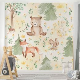 Bilderwelten Fototapete Blumen Illustration Aquarell gelb - Fuchs und B&auml;r mit Blumen und B&auml;umen - Blumenwiese Kinderzimmer Baby M&auml;dchen Jungen