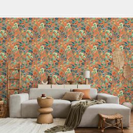 Bilderwelten Fototapete Blumen Illustration Wandtapete orange - Indisches Muster V&ouml;gel mit Blumen Orange - Indien Wohnzimmer Schlafzimmer