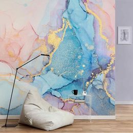Bilderwelten Fototapete Aquarell Pastell Bunt mit Gold - Vliestapete nach Ma&szlig; Aquarell Kunstdruck Wohnzimmer Schlafzimmer Pastell