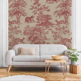 Bilderwelten Fototapete Kupferstichanmutung - Jaguar mit Reh auf Naturpapier - Vliestapete nach Ma&szlig; Botanik Tropical Illustration Muster Tiere Wohnzimmer Beige