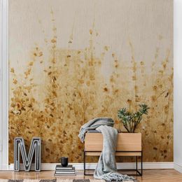 Bilderwelten Fototapete Bl&auml;tterfeld im Sommer - Vliestapete nach Ma&szlig; Blumen Floral Botanik Tropical Kunstdruck Muster Wohnzimmer Beige