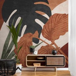 Bilderwelten Fototapete Tropische Boho Bl&auml;tter - Vliestapete nach Ma&szlig; Botanik Tropical Illustration Vintage Wohnzimmer Schlafzimmer Flur Beige