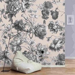 Bilderwelten Fototapete Floraler Kupferstich Graubeige - Vliestapete nach Ma&szlig; Blumen Floral Illustration Vintage Wohnzimmer Beige