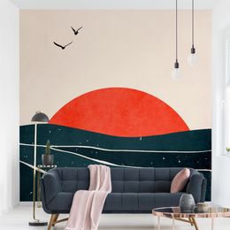 Bilderwelten Fototapete Strand modern Wandtapete blau - Meer vor rotem Sonnenuntergang - Sonnenuntergang Wohnzimmer Schlafzimmer