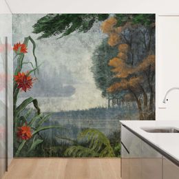 Bilderwelten Fototapete Wald Vintage Wandtapete bunt - Rote Blumen einer Waldlandschaft - B&auml;ume Wohnzimmer Schlafzimmer