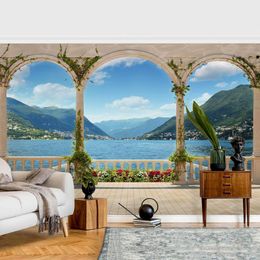 Bilderwelten Fototapete Natur Motiv Wandtapete blau - Ausblick auf den Comer See - Italien Wohnzimmer Schlafzimmer