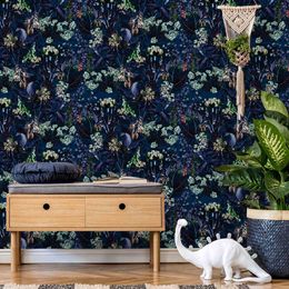 Bilderwelten Fototapete Vliestapete Illustration Wandtapete bunt - Dunkelblaue Nachtblumen - Deko Kinderzimmer Baby M&auml;dchen Jungen