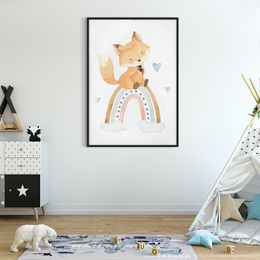 Bilderwelten Bild mit Rahmen Fuchsbaby auf Regenbogen Blau