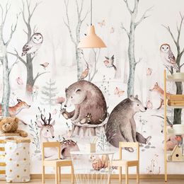 Bilderwelten Fototapete Aquarell Waldtierfreunde Kindertapete M&auml;dchenzimmer Jungenzimmer Kinderzimmer Babyzimmer Baby Vliestapete braun beige selbstklebend Natur