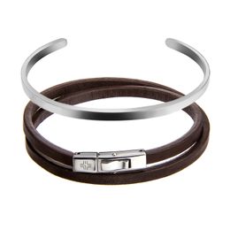 PHILIPP BLANC Herren Armband "PBS05RS", 2 &times; 21cm / Innendurchmesser 6cm, Edelstahl Lederschwarz braun, silber, Edelstahl, Leder, Armb&auml;nder
