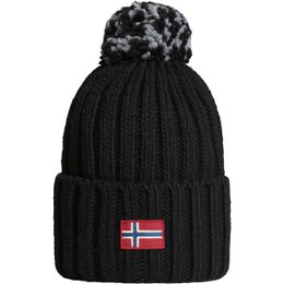 Napapijri Damen Beanie "SEMIURY", schwarz, Rippstrick, Materialmix, M&uuml;tzen, mit Bommel, aus Polyacryl, Wolle, Polyamid und Viskose
