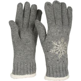 styleBREAKER Damen Strickhandschuhe "Strickhandschuhe mit Schneeflocke, Strass und Fleece", grau, Modisch, Obermaterial: 65% Polyacryl PAN. 35% Wolle