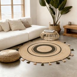 Teppich Hanse Home, H:7mm &Oslash;:150cm, beige, Jute, Wohnzimmer, Teppiche, "Basil", Jute, Handgemacht, Rund, Fransen, Wohnzimmerteppich, Naturteppich