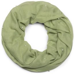 styleBREAKER Damen Loop "Loop Schal mit Perlen Applikation", gr&uuml;n, Modisch, Obermaterial: 50% Viskose CV. 50% Baumwolle CO., Modet&uuml;cher