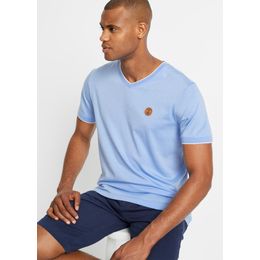 bonprix Herren T-Shirt, blau, Gr. 52, unifarben, Jersey, Obermaterial: 60% Baumwolle, 40% Polyester, Shirts, Regular Fit, Kurzarm, mit V-Ausschnitt