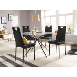 Essgruppe OTTO HOME, B:110cm H:74cm T:110cm, schwarz, Glas, Metall, Stoff, Sitzm&ouml;bel-Sets, "Silvi-Mandy", Set: Glastisch 110x110 cm mit 4 St&uuml;hlen