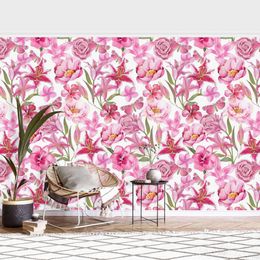 Bilderwelten Fototapete Pinke Blumen mit Schmetterlingen