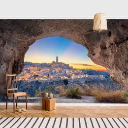 Bilderwelten Fototapete Natur Motiv Steinoptik braun - Ausblick auf Matera im Sonnenuntergang - Italien Wohnzimmer Schlafzimmer