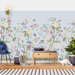 Bilderwelten Fototapete Illustrierte Blumen Chinoiserie auf Hellblau