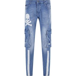 2Y Premium Herren Stoffhose "2Y Premium Herren 2Y Skinny Fit Pocket Cargo Skull Jeans", blau, Gr. 30, 100% Baumwolle, Hosen