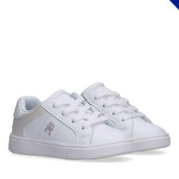 Tommy Hilfiger M&auml;dchen Sneaker, Gr. 28, wei&szlig;, Lederimitat, Schuhe, Schn&uuml;rschuh, Freizeitschuh, Retro Sneaker mit TH-Logo
