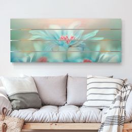 Bilderwelten Holzbild Blumen t&uuml;rkis Motiv nat&uuml;rlicher Effekt - Zarte Bl&uuml;ten in Pastell - Deko Wohnzimmer Schlafzimmer