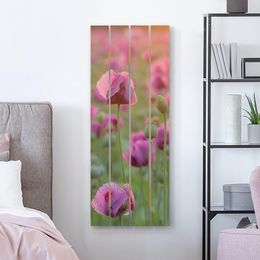 Bilderwelten Holzbild Blumen violett Motiv nat&uuml;rlicher Effekt - Violette Schlafmohn Blumenwiese im Fr&uuml;hling - Blumenwiese Wohnzimmer Schlafzimmer