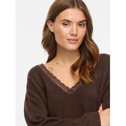 Vila Damen V-Ausschnitt-Pullover "VILIGA L/S V-NECK REV LACE KNIT TOP-NOOS"coffee bean detail:lace tone in tone, Gr. XL, unifarben, Strick,