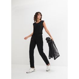 bonprix Damen Overall, schwarz, Gr. 52, Obermaterial: 95% Baumwolle, 5% Elasthan, Overalls, &auml;rmelloses Design, lockere Passform, mit seitlichen