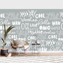 Bilderwelten Fototapete Spr&uuml;che modern Wandtapete grau - Typography Hello Super Wow auf Grau - Spr&uuml;che Wohnzimmer Schlafzimmer