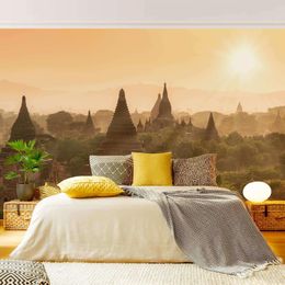 Bilderwelten Fototapete Natur Motiv Wandtapete orange - Sonnenuntergang &uuml;ber Bagan - Asia Wohnzimmer Schlafzimmer