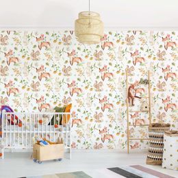 Bilderwelten Fototapete Wald Illustration Aquarell beige - Aquarell Waldtiere Fuchs und Hase - B&auml;ume Kinderzimmer Baby M&auml;dchen Jungen