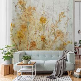 Bilderwelten Fototapete Blumen Vintage Aquarell gelb - Gelbe Wilde Blumenwiese - Blumenwiese Wohnzimmer Schlafzimmer