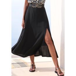 Lascana Damen Midirock "mit hohem Beinschlitz aus Webware", blau, Basic, Gr. 42, unifarben, Web, Obermaterial: 100% Viskose, R&ouml;cke, luftiger