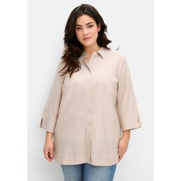 sheego Damen Hemdbluse, beige, Gr. 46, gemustert, gestreift, 70% Viskose, 30% Leinen, Blusen