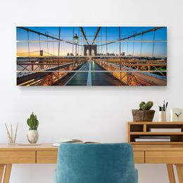 Bilderwelten Holzbild Stadt orange Motiv nat&uuml;rlicher Effekt - Morgenblick von der Brooklyn Bridge - Architektur Wohnzimmer Schlafzimmer
