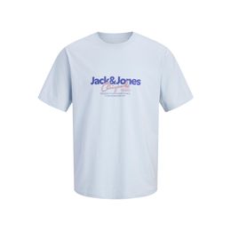 Jack & Jones JACK & JONES Herren T-Shirt "JORCASSIS TEE SS CREW NECK FST", blau, Gr. L, bedruckt, Jersey, Obermaterial: 100% Baumwolle, Shirts, mit Logo Schriftzug