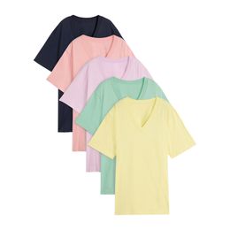 bonprix Damen Longshirt "Weites Long-Shirt mit V-Ausschnitt, Kurzarm (5er Pack)", bunt, Gr. 44, mehrfarbig, unifarben, Jersey, Obermaterial: 100%