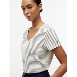 Tommy Hilfiger Damen Kurzarmshirt "CO LINEN V-NECK SHORT SLEEVE TEE"small brt stp calico, schwarz, Gr. XS, gestreift, Single Jersey, Obermaterial: