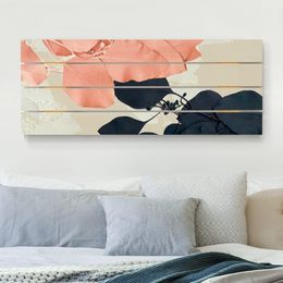 Bilderwelten Holzbild Blumen rosa Tropisch nat&uuml;rlicher Effekt - Bl&auml;tter Indigo & Rouge II - Pflanzen Wohnzimmer Schlafzimmer