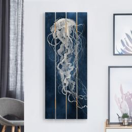 Bilderwelten Holzbild Tiere blau Illustration Aquarell - Quallentanz I - Deko Wohnzimmer Schlafzimmer
