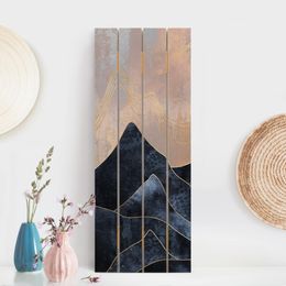 Bilderwelten Holzbild originell blau Abstrakt Aquarell - Goldene D&auml;mmerung &uuml;ber Gebirge - Deko Wohnzimmer Schlafzimmer