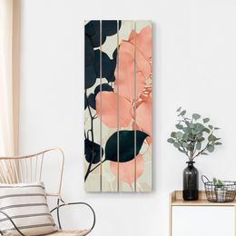 Bilderwelten Holzbild Blumen rosa Tropisch nat&uuml;rlicher Effekt - Bl&auml;tter Indigo & Rouge I - Pflanzen Wohnzimmer Schlafzimmer