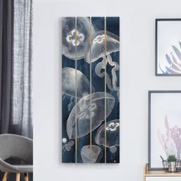 Bilderwelten Holzbild Tiere blau maritim Aquarell - Mondmedusen I - Deko Wohnzimmer Schlafzimmer